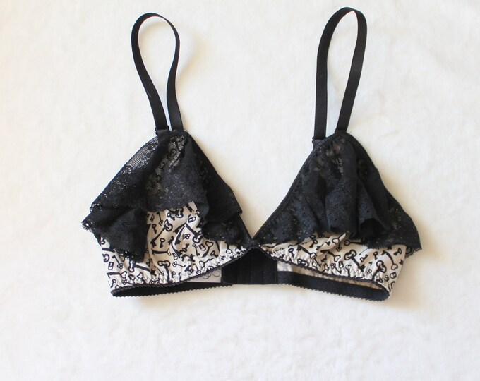 Sale! Lock and Key Cotton and Lace Triangle Bra S/M OOAK - Etsy