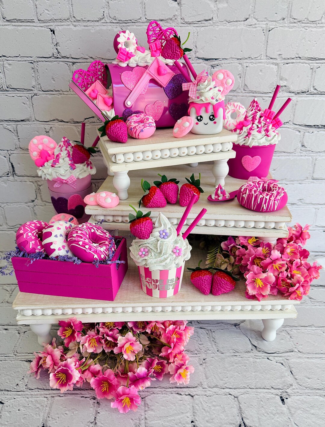 Valentine’s Day Tiered Tray Dessert Decor Set – Faux Pink Dessert ...