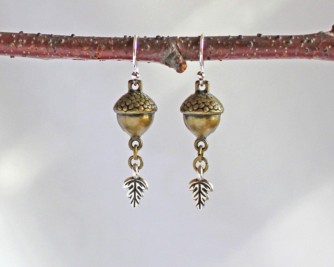 Antique Brass Acorns With Silver Oak Leaves Earrings - Etsy