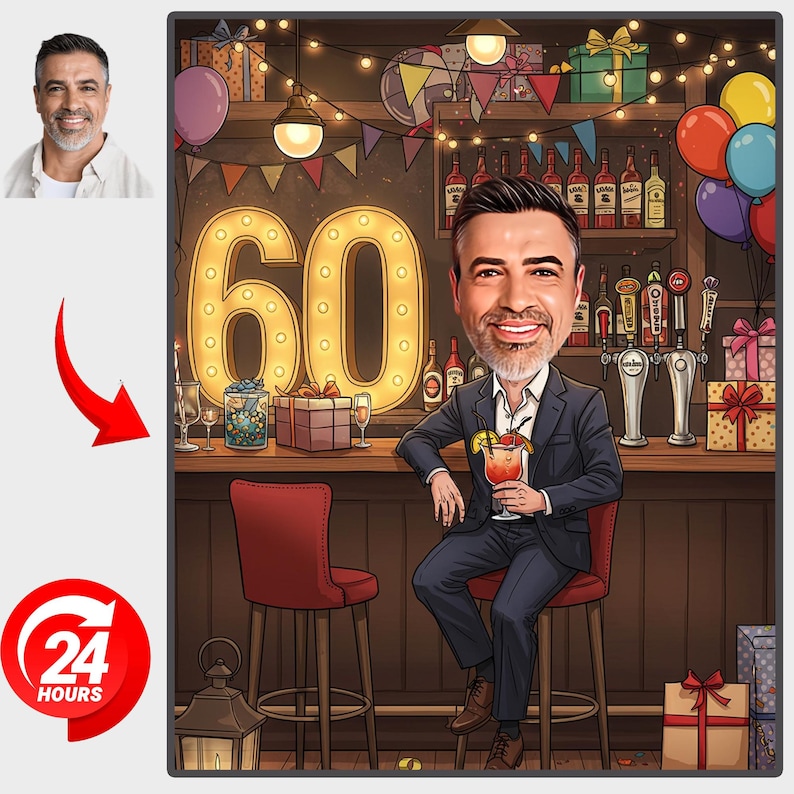 Custom 60th Birthday Cartoon Portrait: Personalized 60th Man Caricature ...
