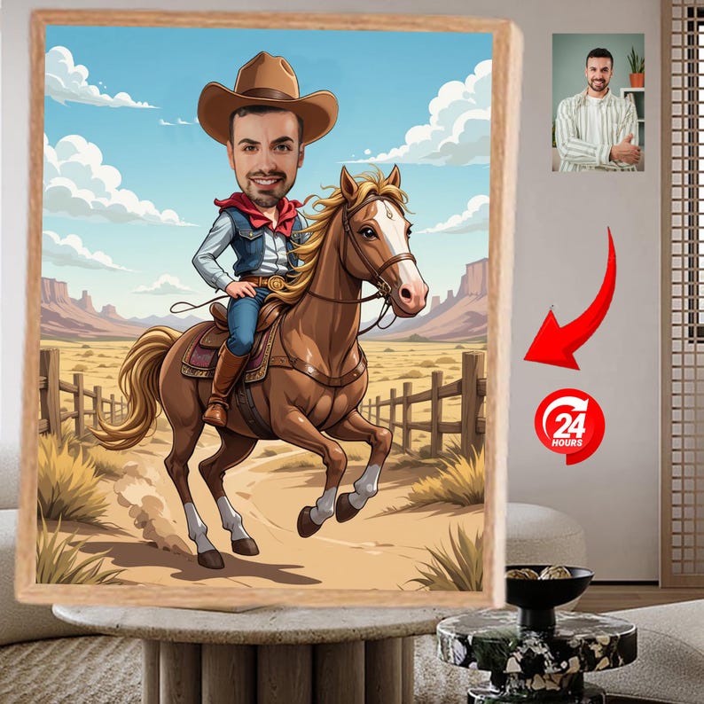 Custom Cowboy Caricature Portrait From Photo Hourse Rider Gift (digital ...