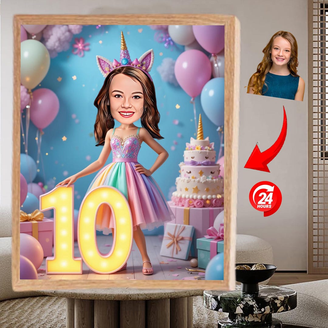 Custom 10th Birthday Caricature Funny Portrait Cartoon for 10 Year Old ...