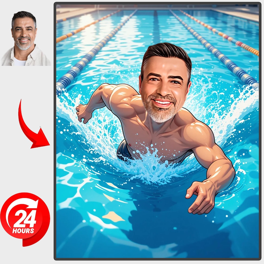 Custom Swimming Caricature – Personalized Pool Portrait Swimmer Cartoon ...