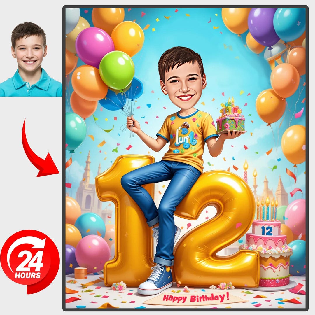 Custom 12th Birthday Caricature: Personalized Cartoon Portrait (digital ...
