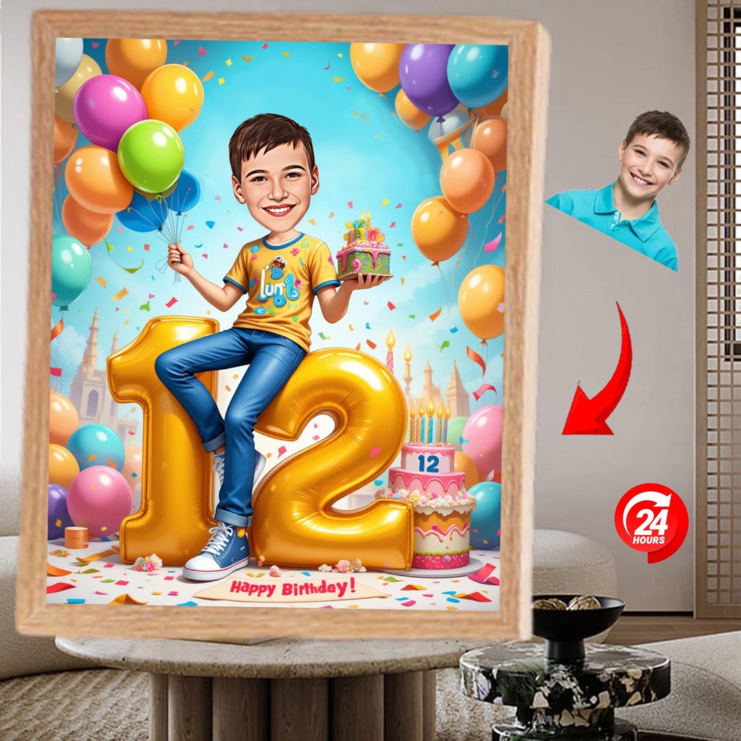 Custom 12th Birthday Caricature Personalized 12 Year Old Boy Cartoon ...