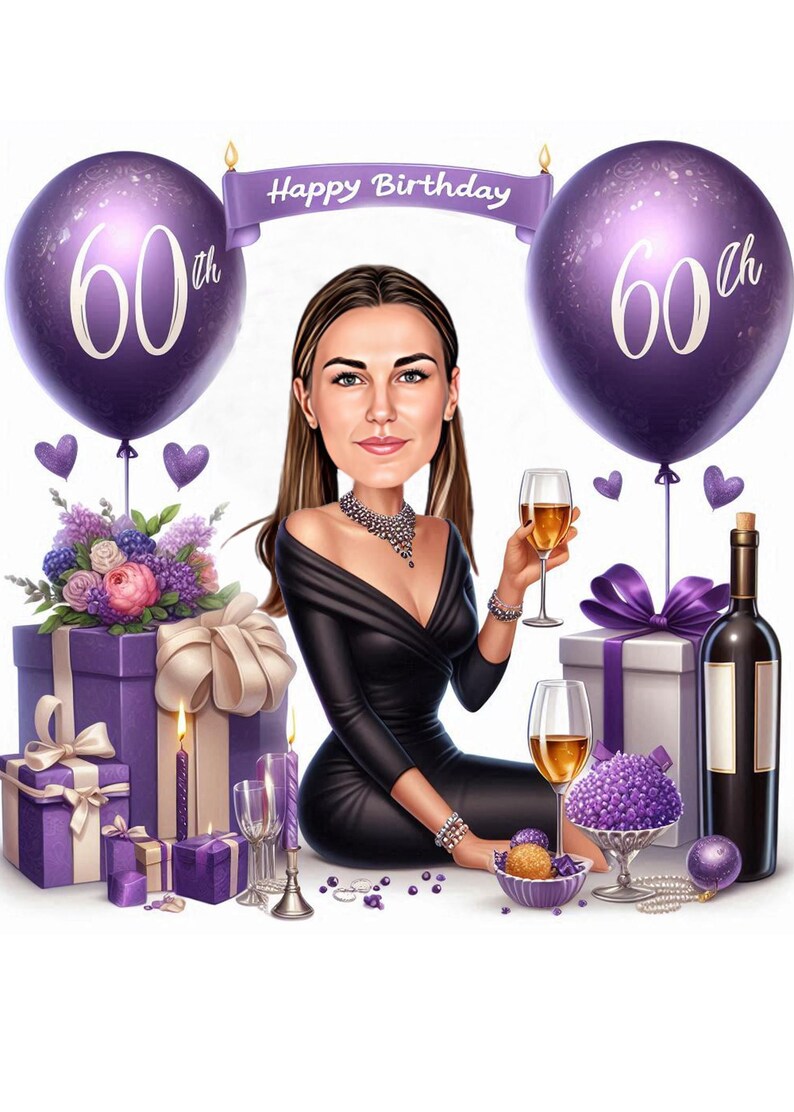 Custom 60th Birthday Caricature | Funny Digital Portrait Gift for Her ...