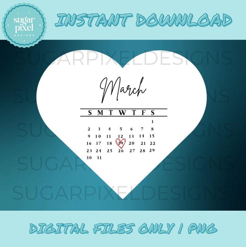 March 2025 Heart Shape Calendar PNG | for Cakes, Burn Away, Edible ...
