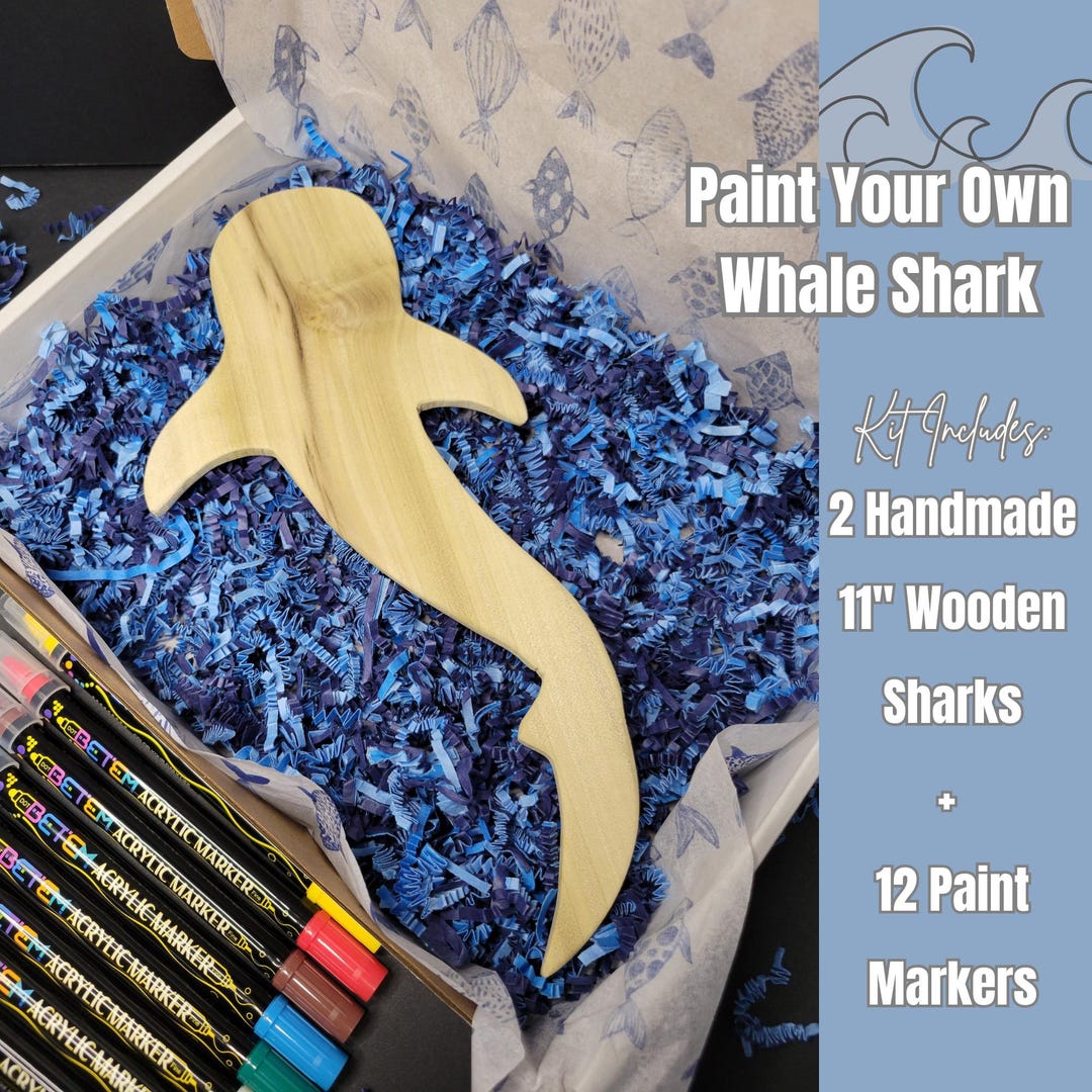 Whale Shark Painting Kit, 2 Wooden Sharks With Paint Markers + Gift Box ...
