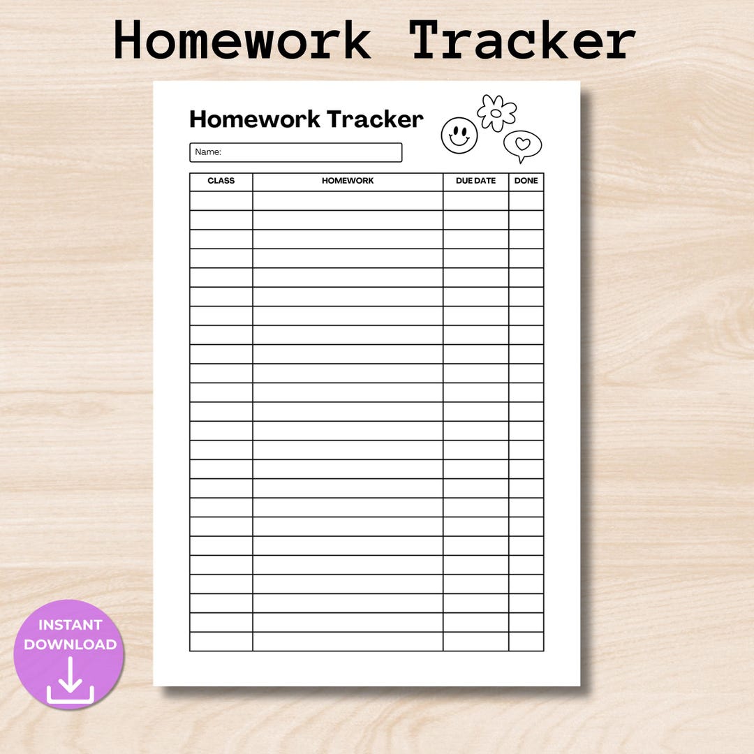 Homework Tracker Printable | Color & Black White Study Planner ...
