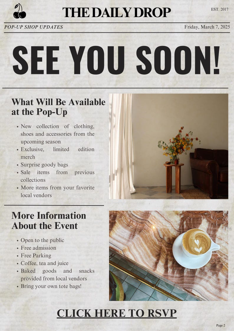 Newspaper Announcement Pop up Shop Invite 2 Pages Fashion Headline News ...