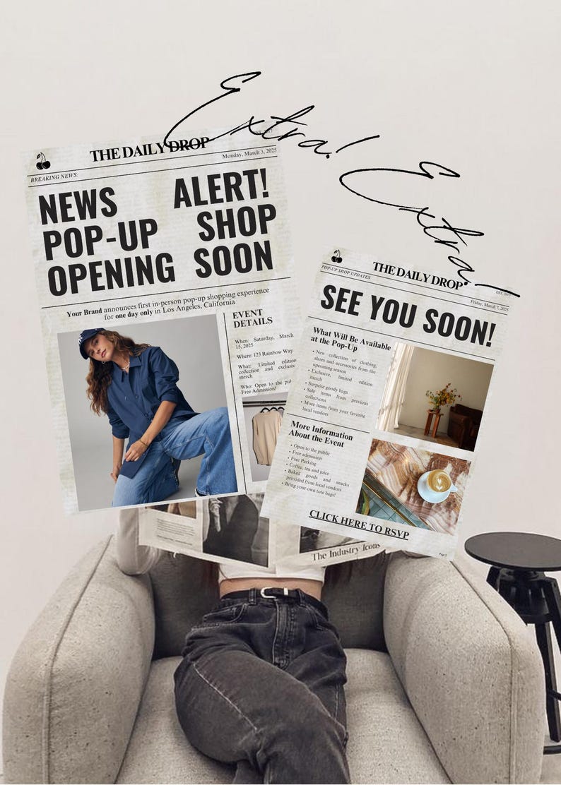 Newspaper Announcement Pop up Shop Invite 2 Pages Fashion Headline News ...