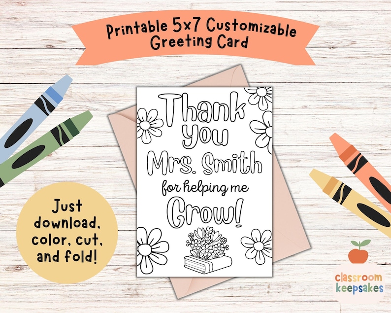 Personalized Teacher Thank You Card, DIY Coloring Page (instant ...