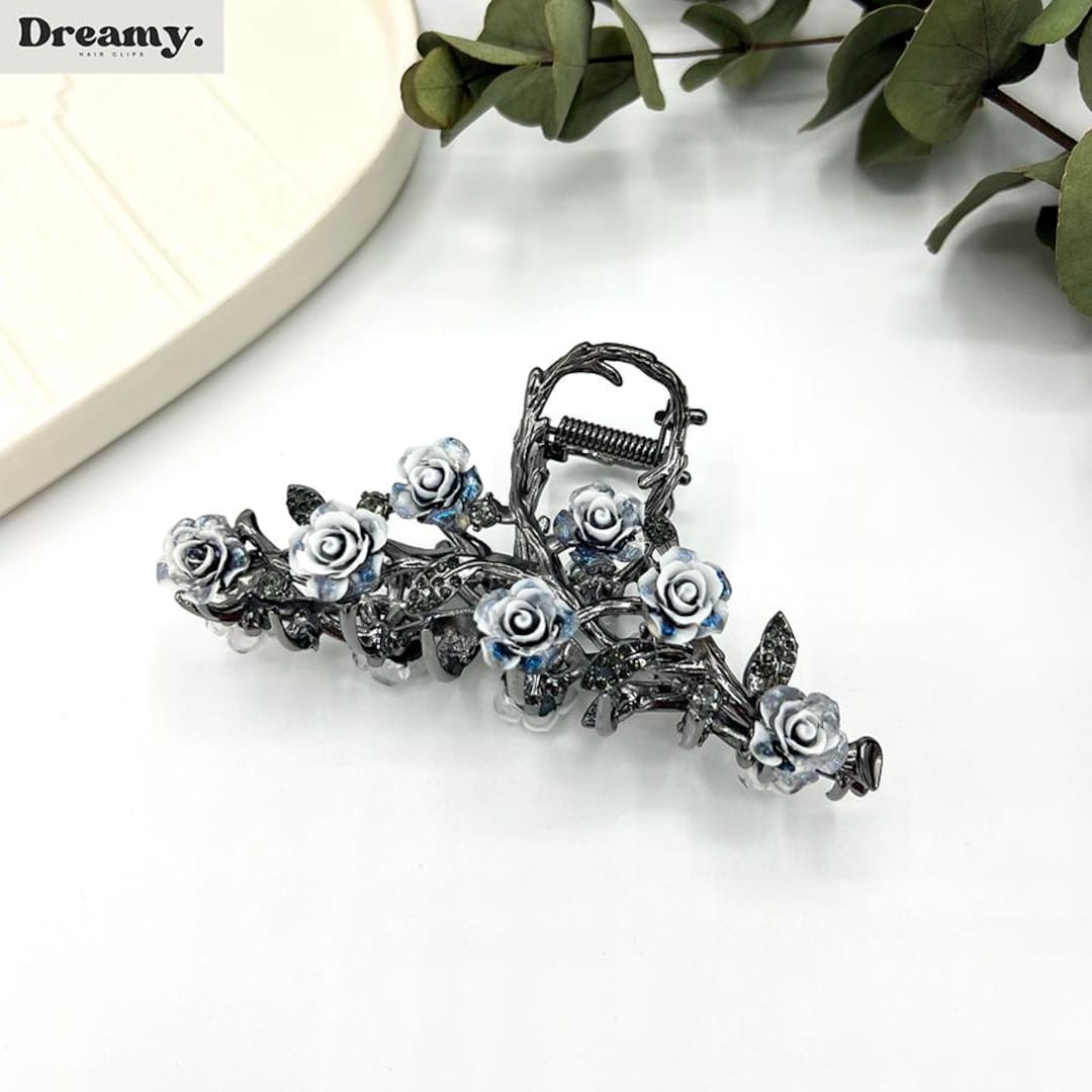 Flower Hair Clip, Blue Rose Hair Claw, Black Metal Hair Clip, Gothic ...