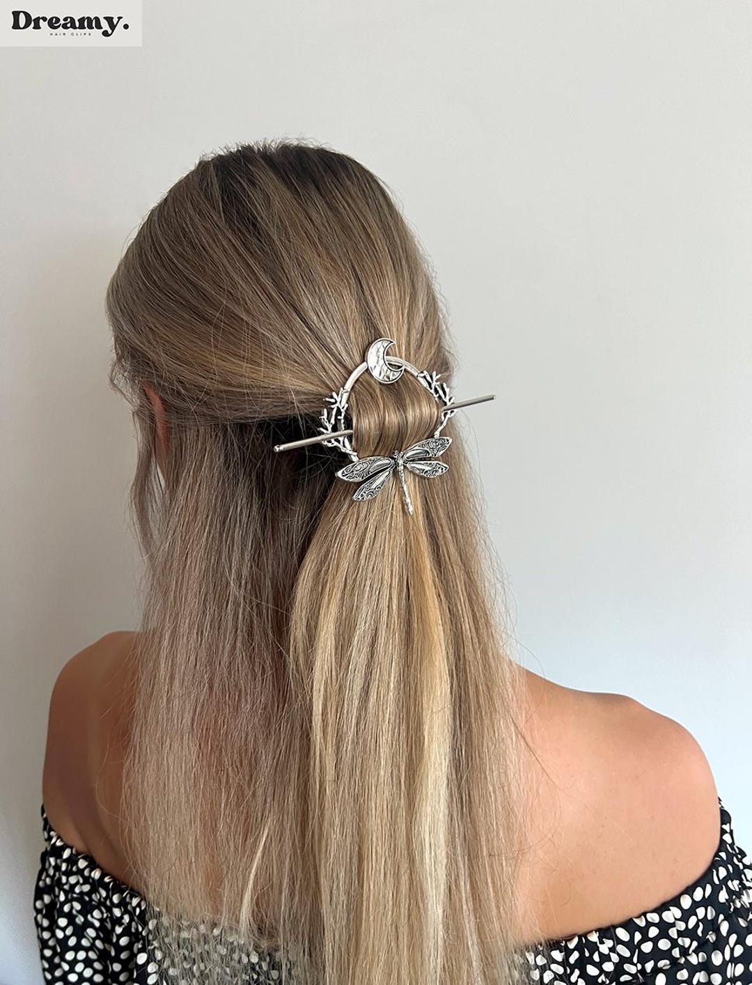 Dragonfly Moon Hair Pin, Celtic Elven Metal Hair Stick, Silver Round ...