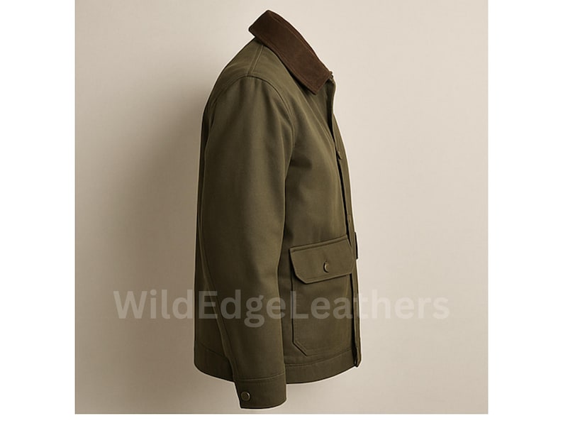 Men's Olive Green Canvas Jacket: Corduroy Collar Workwear Coat - Etsy