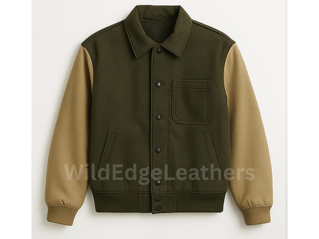 Unisex Olive Green Varsity Jacket, Fleece Bomber Style Letterman Jacket ...