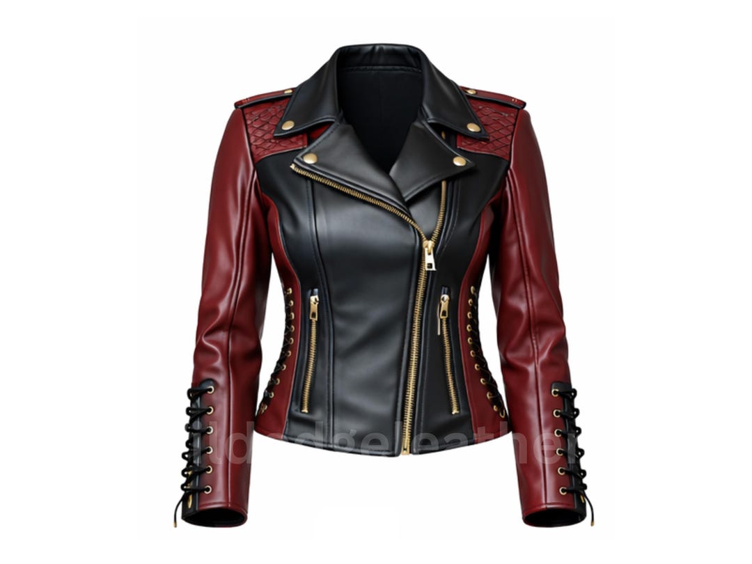 Women’s Two-tone Motorcycle Jacket Black & Red, Real Leather Gothic ...