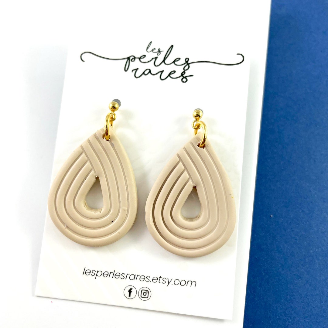 Earrings Beige, Sand Color, Drop Shape, Tubes, Gold Leaf, Gold Stud ...