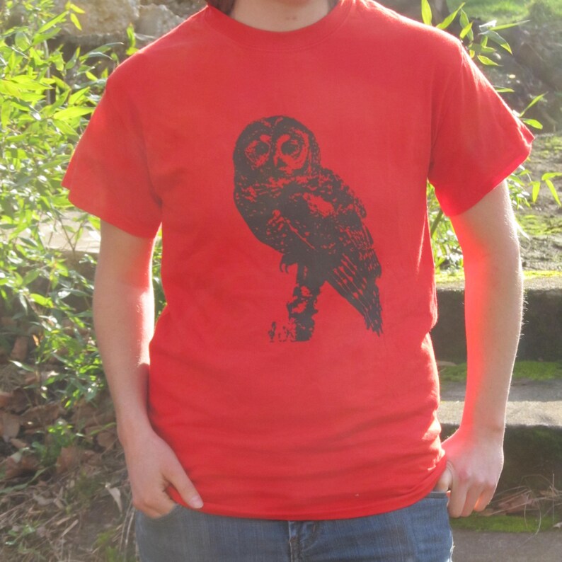 Owl Shirt - Northern Spotted Owl, on Red Tshirt, Small - Silkscreen ...