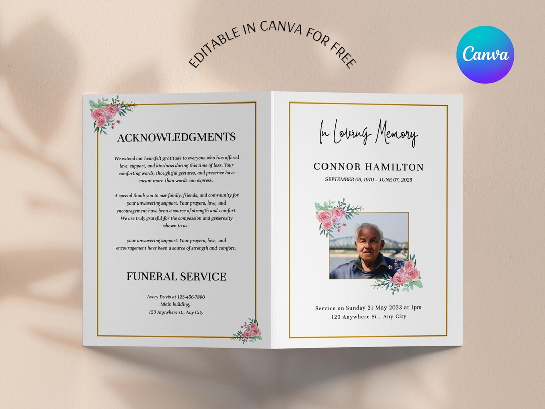Floral Funeral Program Template, Celebration of Life (canva Editable ...