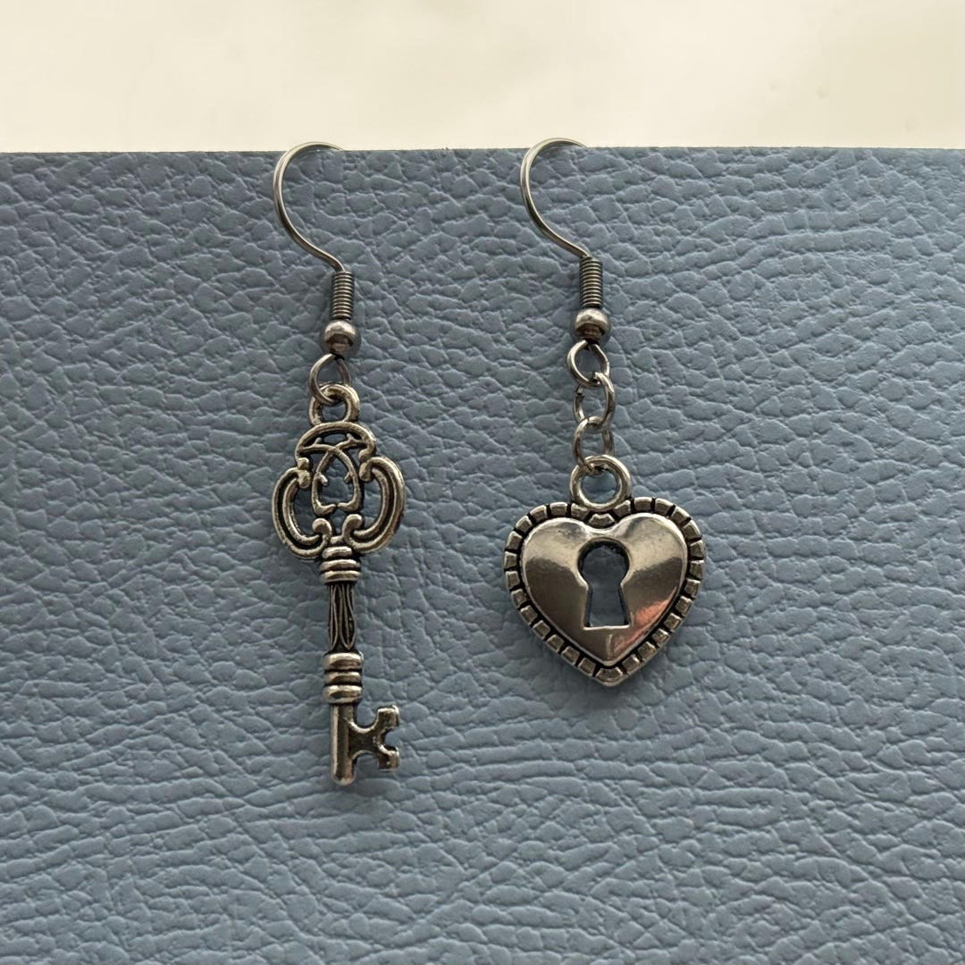 Valentines Mismatched Key & Lock Silver Dangle Earrings // Stainless ...