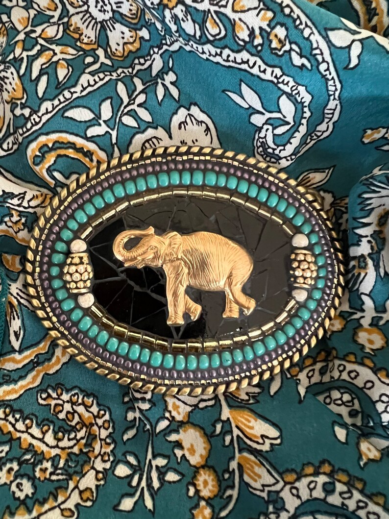 Mosaic Elephant Brass Belt Buckle: Turquoise Beaded Accessory - Etsy