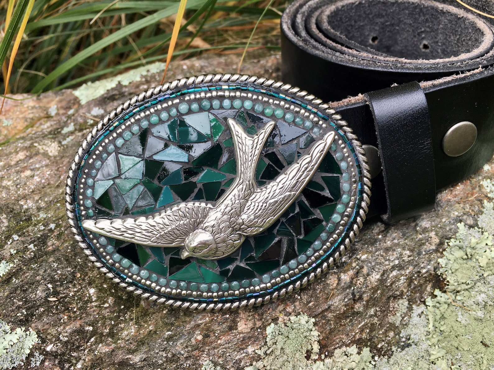 Hunter Green Bird Mosaic Belt Buckle Handmade Camilla - Etsy