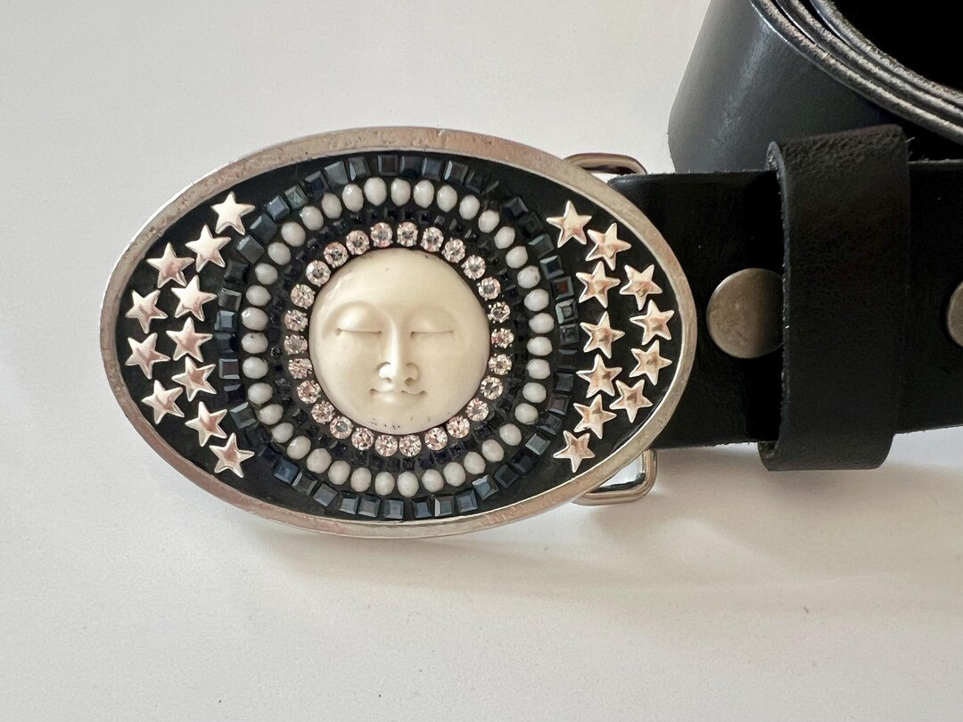 Handmade Celestial Belt Buckle: Moon, Stars, Rhinestones, Mixed Metal ...