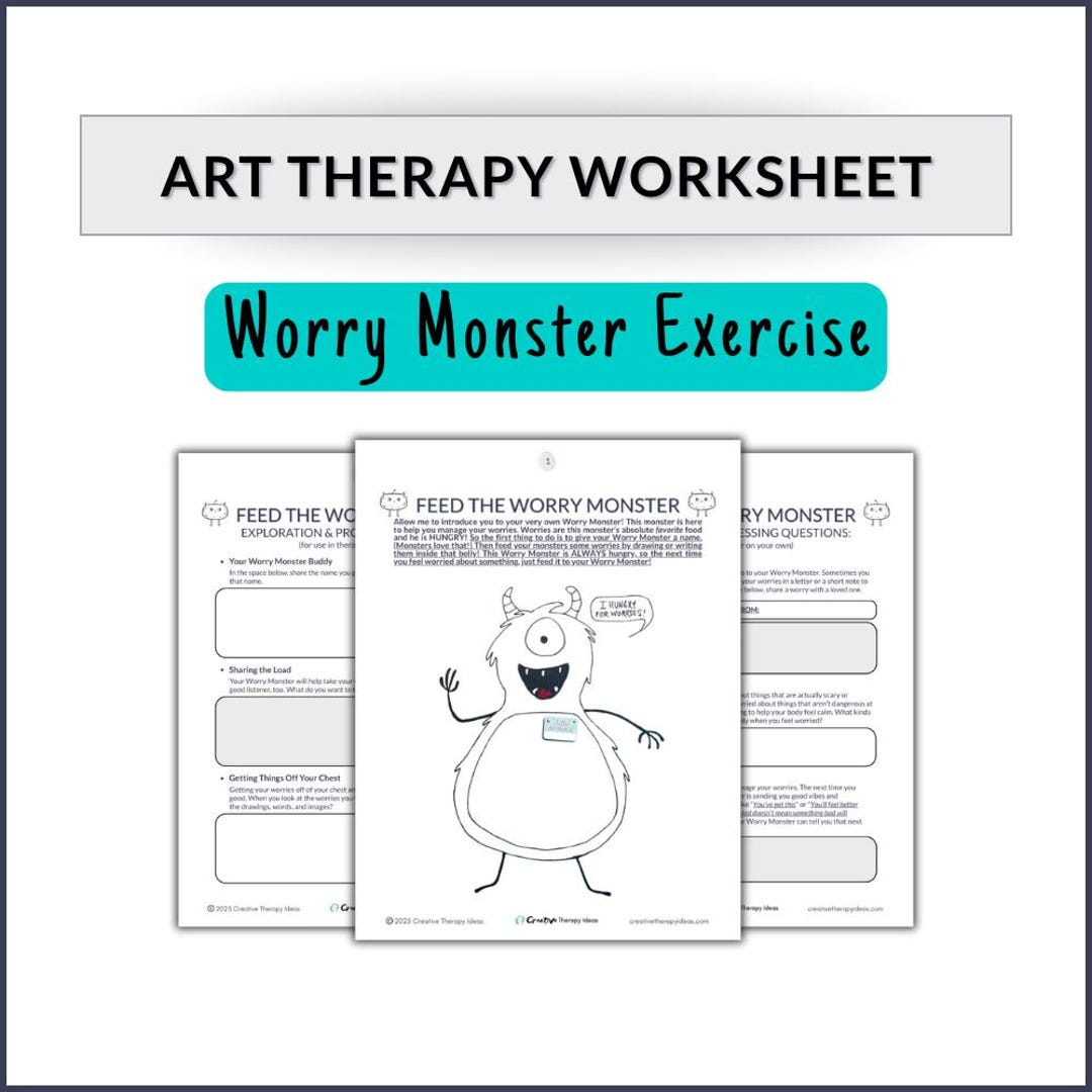 Worry Monster Art Therapy Worksheet: Anxiety Therapy Activity for Kids ...