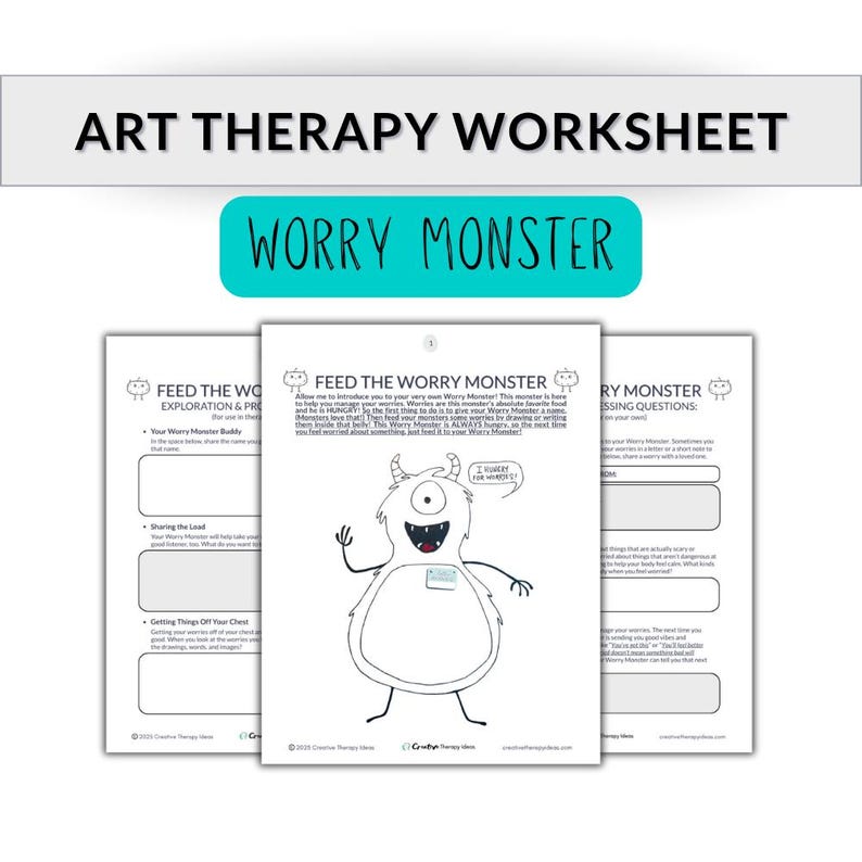 Worry Monster Art Therapy Worksheet: Anxiety Therapy Activity for Kids ...