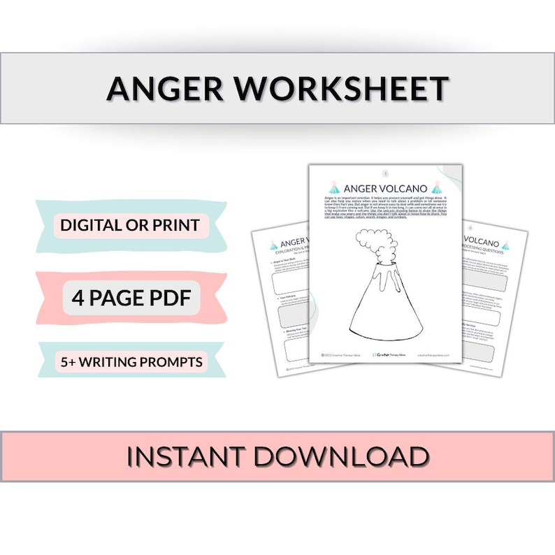Anger Volcano Art Therapy Worksheet: Kids & Teens Emotion Regulation ...