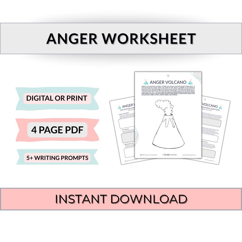 Anger Volcano Art Therapy Worksheet: Kids & Teens Emotion Regulation ...