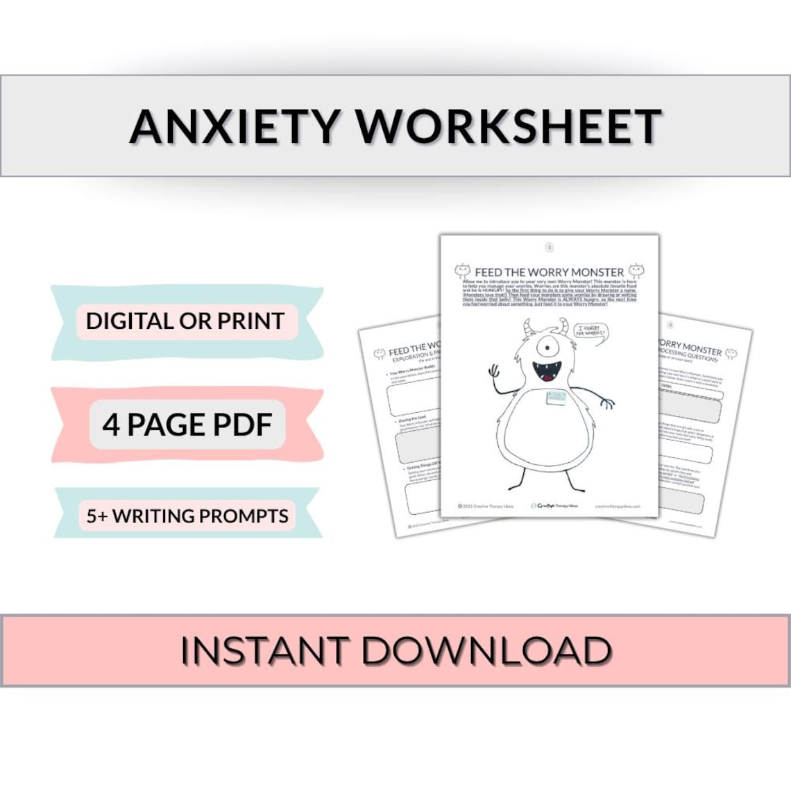 Worry Monster Art Therapy Worksheet: Anxiety Therapy Activity for Kids ...