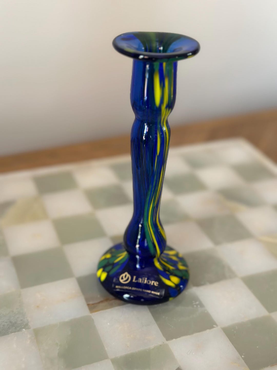 Lafiore Mallorca Art Glass Candlestick: Blue, Green & Yellow Hand Blown ...