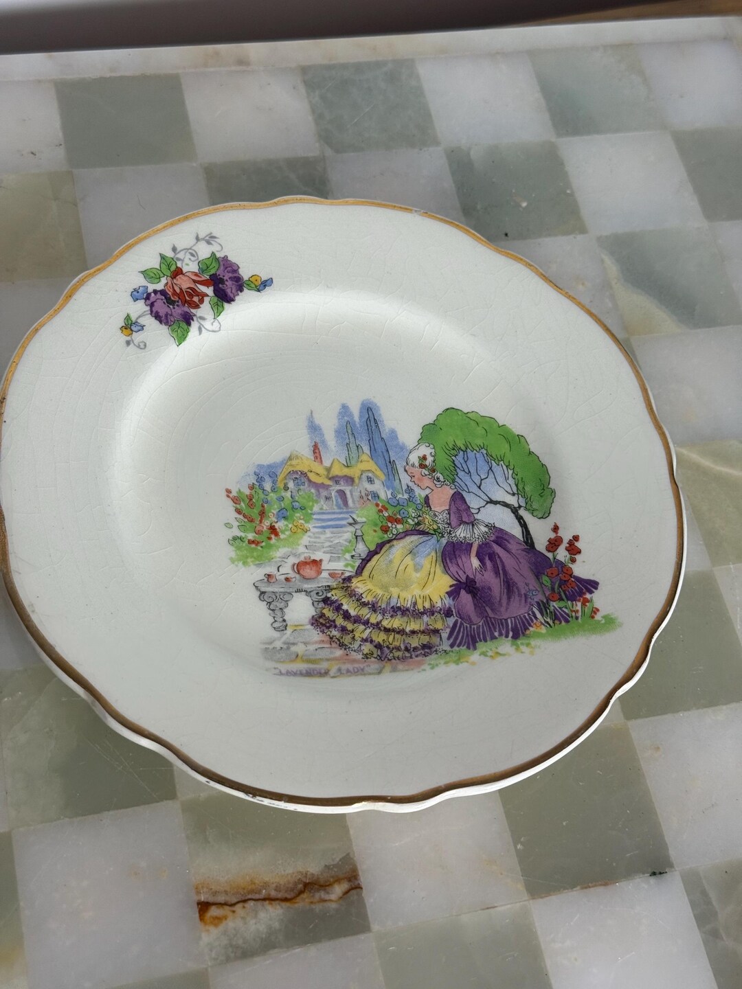 Vintage Lavender Lady Plate: English Bone China, Cottage Garden Scene ...