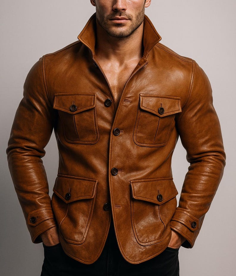 Handmade Cognac Sheep Leather Field Jacket - Men's Safari Style ...