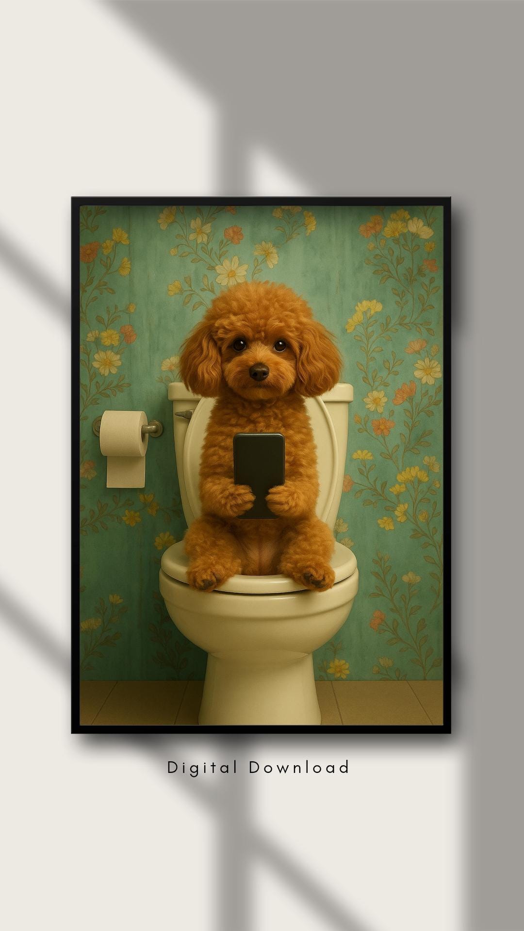 Funny Toy Poodle Bathroom Wall Art - Dog on Toilet With Phone - Vintage ...