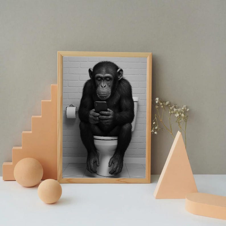 Monkey Bathroom Print: Chimpanzee on Toilet, Funny Bathroom Wall Art ...