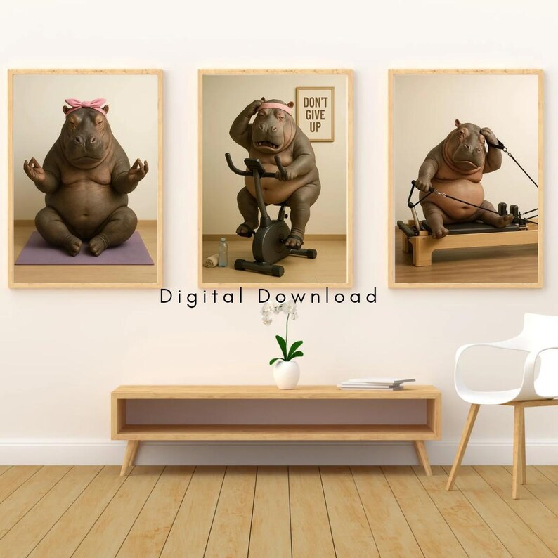 Funny Hippo Workout Wall Art Set, Funny Poster, Yoga, Pilates ...