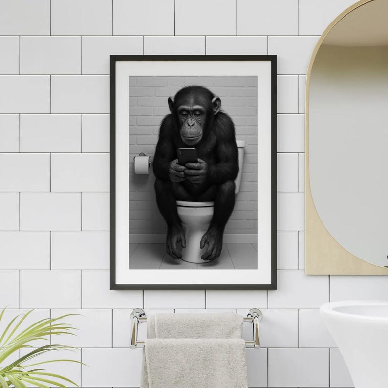 Monkey Bathroom Print: Chimpanzee on Toilet, Funny Bathroom Wall Art ...
