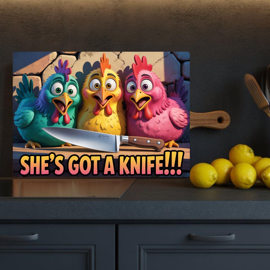 Funny Chicken Cutting Board PNG | She’s Got a Knife Meme Kitchen Art ...