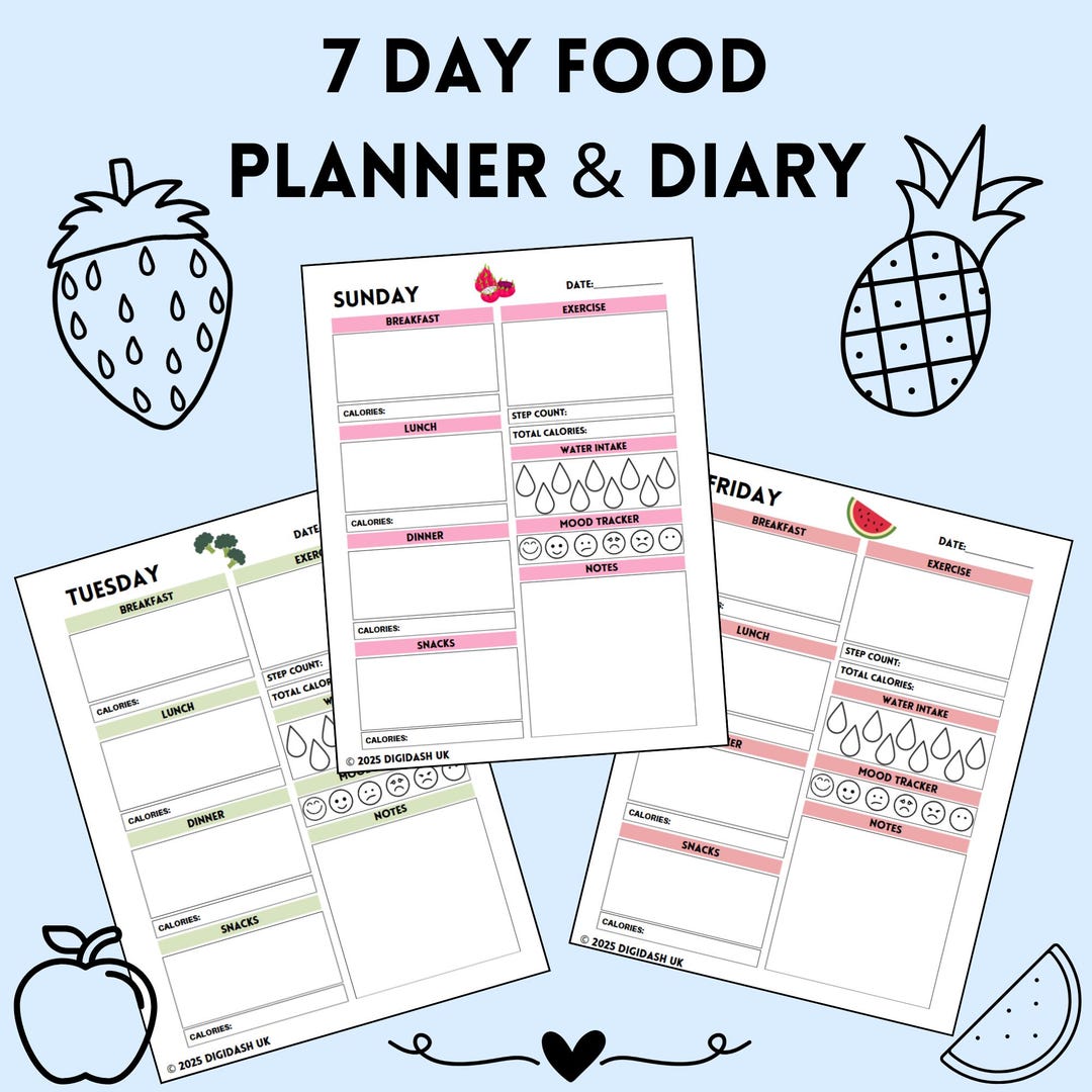 Weekly Food Planner - 7 Day Food Diary - Weight Loss - Diet Tracker ...