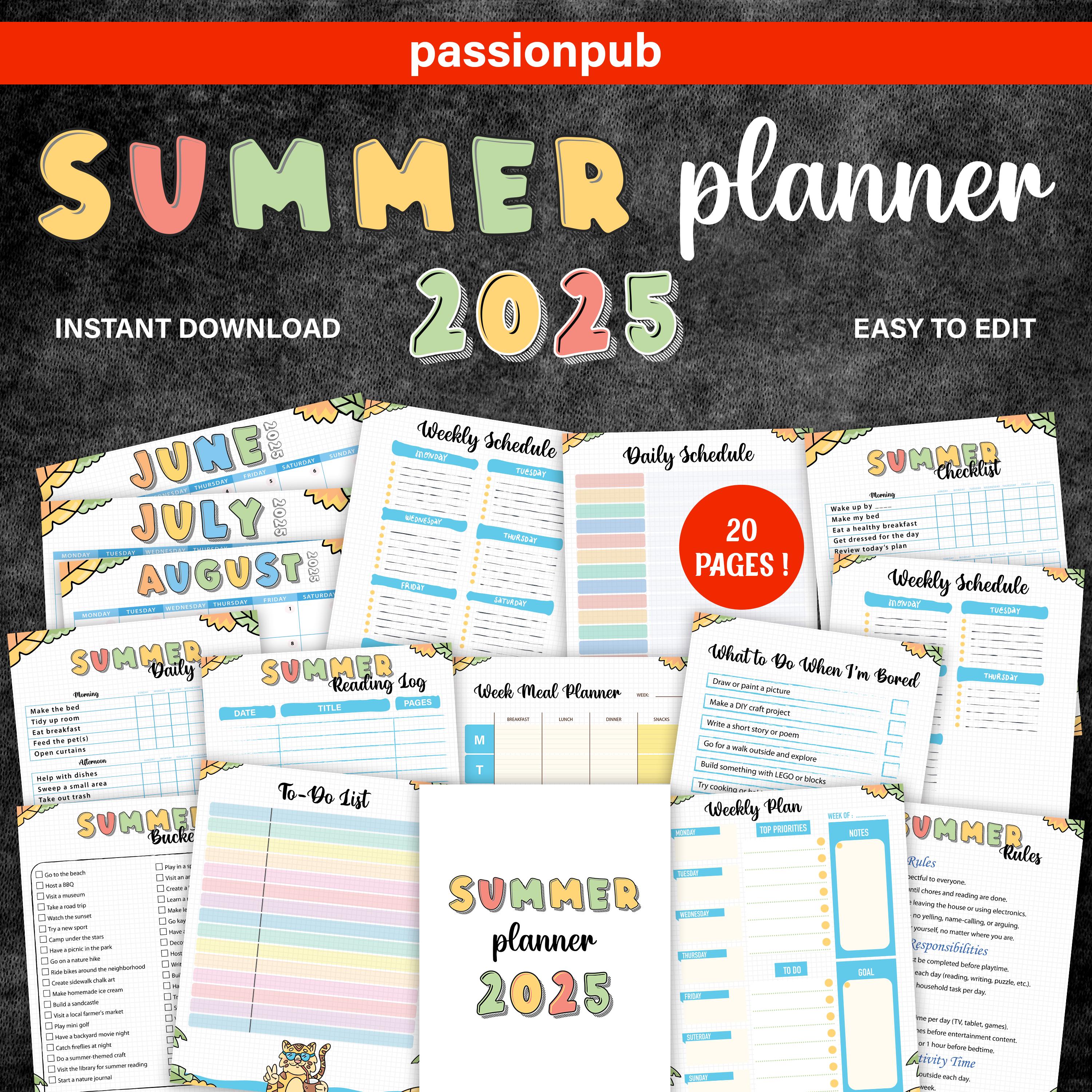 Printable Editable SUMMER 2025 Planner Bundle | Summer Calendar and ...