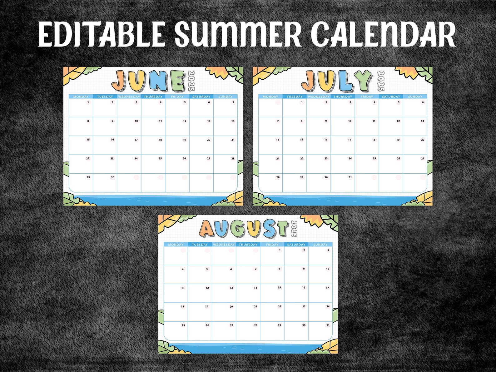 Printable Editable SUMMER 2025 Planner Bundle | Summer Calendar and ...