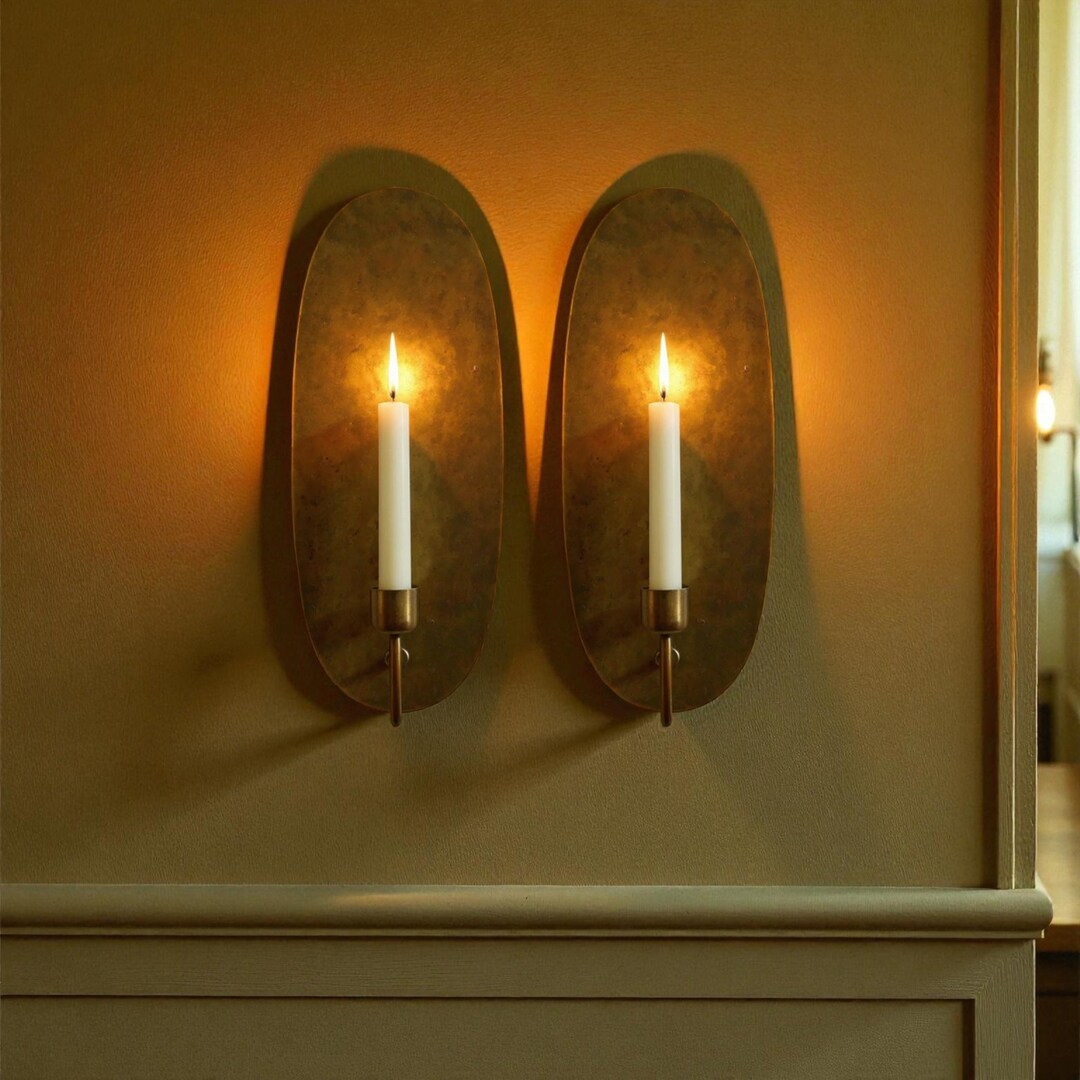 Set of 2 Brass Wall Candle Sconces – Handmade Oval Backplate Taper ...