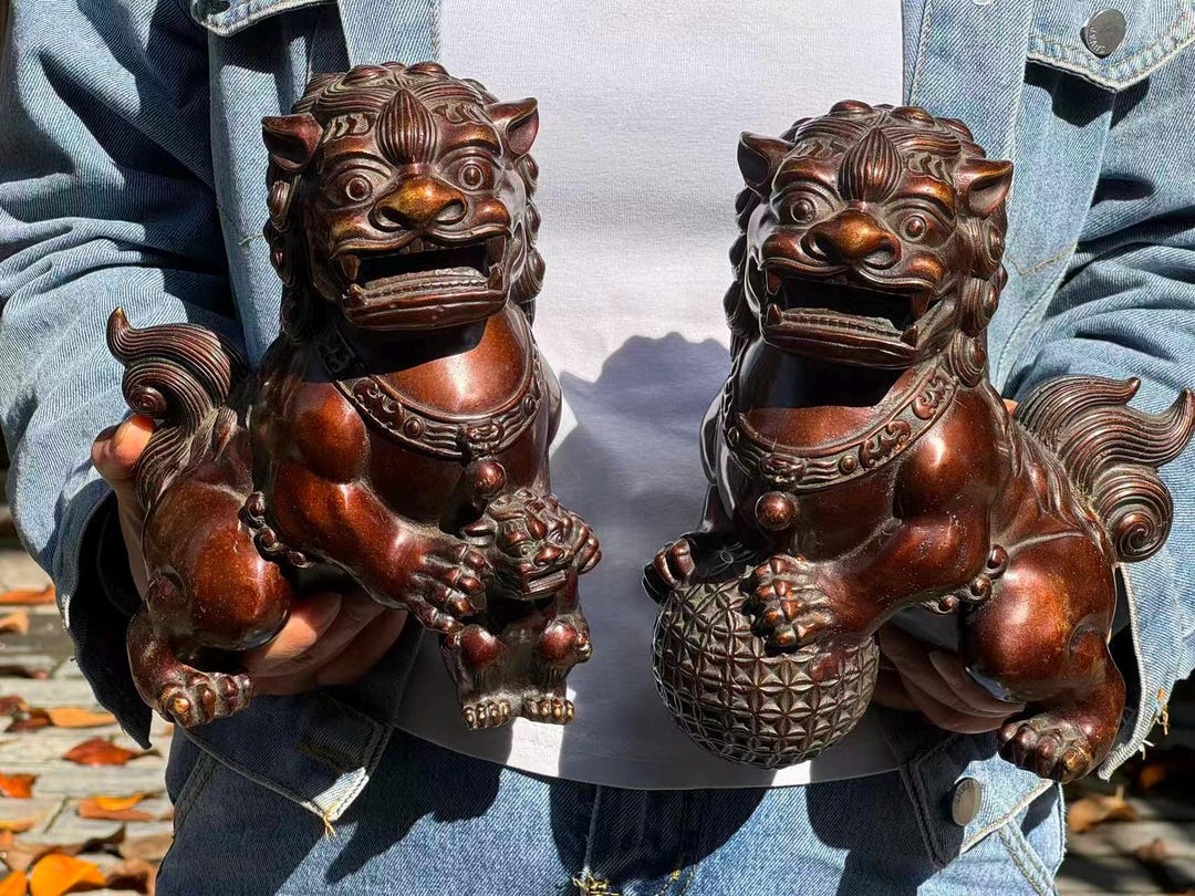 Pair Asian Copper Evil Fu Foo Dog Lion Statue, Old Antiques Chinese ...