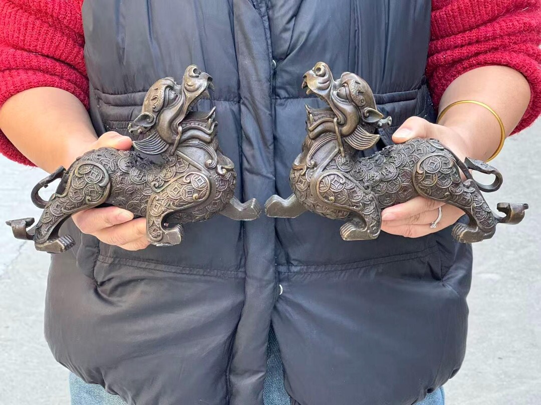 Pair Vintage Copper Pixiu Statue Fengshui Animal Pixiu Beast Wealth ...