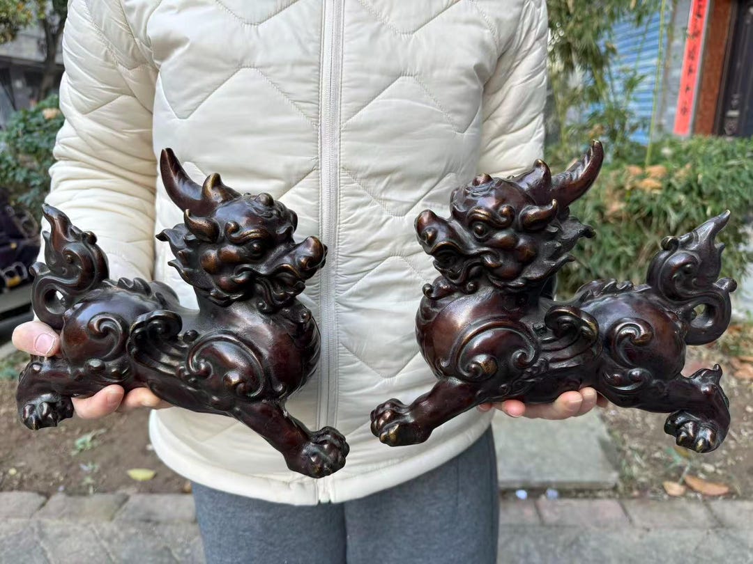 Pair Big Vintage Copper Qilin Statue Fengshui Animal Pixiu Beast Wealth ...