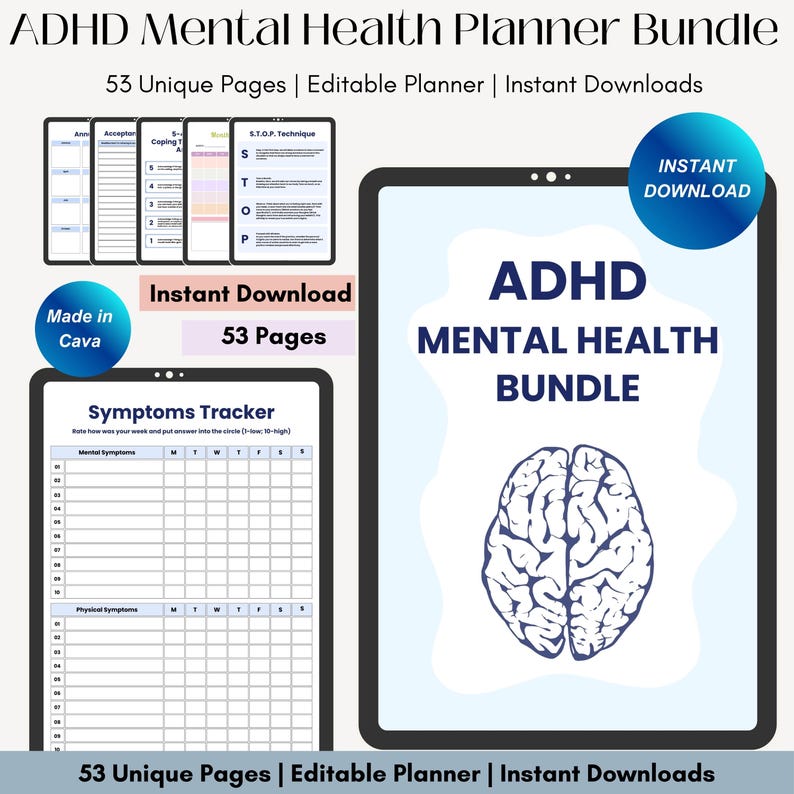 ADHD & Mental Health Planner, ADHD Planners Therapy Worksheets, ADHD ...
