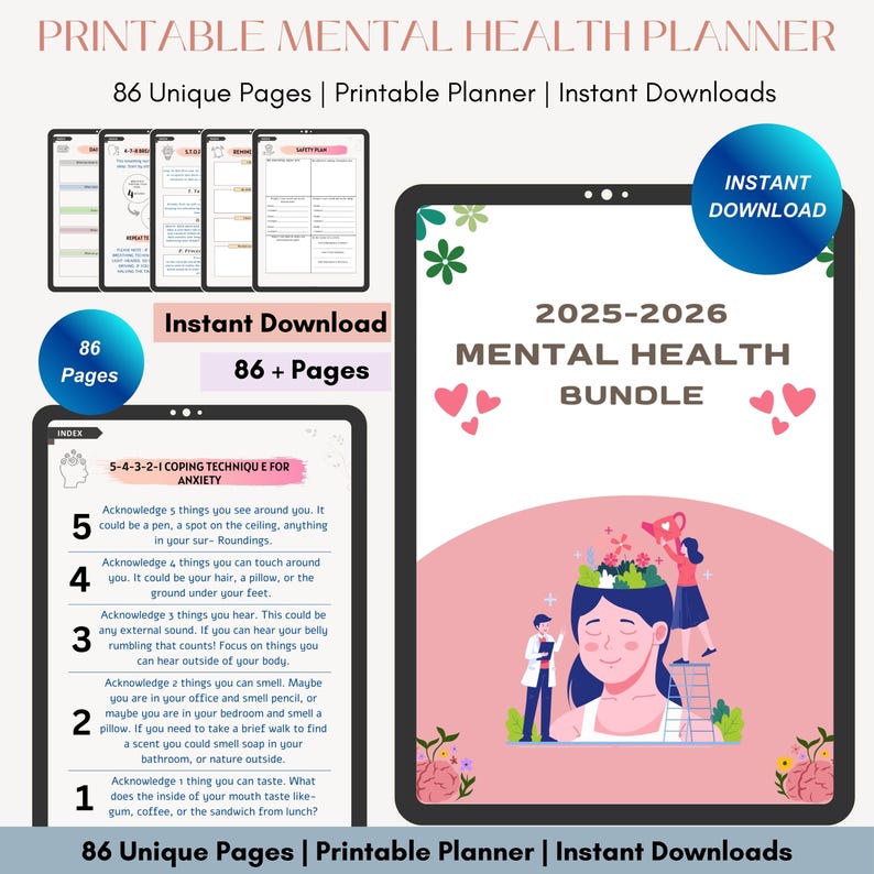 2025 Mental Health Planner Bundle, Self-care Digital Journal, Printable ...